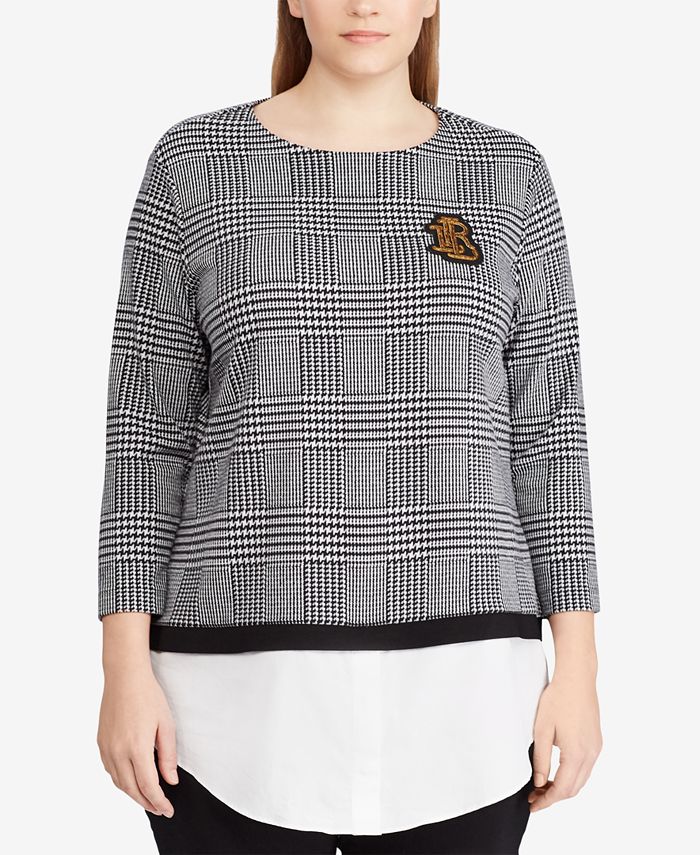 Lauren Ralph Lauren Plus Size Glen Plaid Layered-Look Top - Macy's