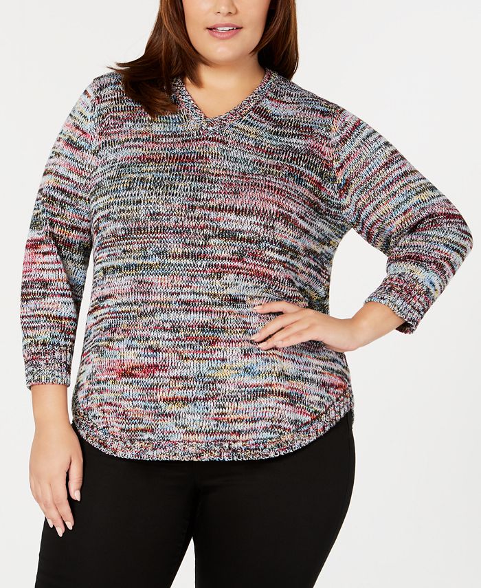 NY Collection Plus Size Marled V-Neck Sweater - Macy's