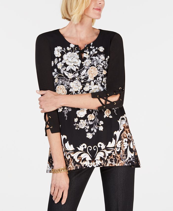 JM Collection Floral-Print Lace-Up Tunic, Created for Macy's - Macy's