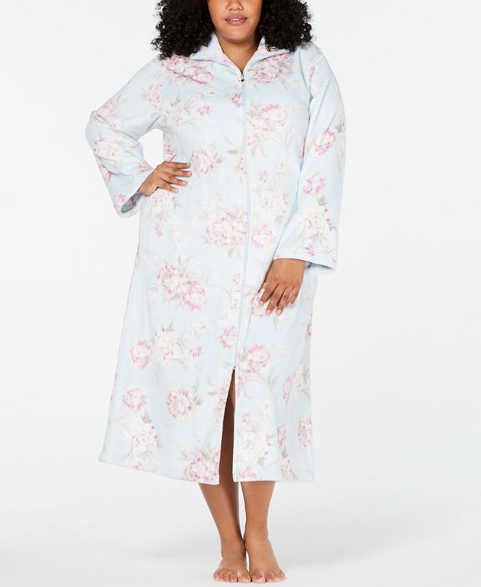 Miss Elaine Plus Size Printed Brushed Fleece Zip Robe - Macy's