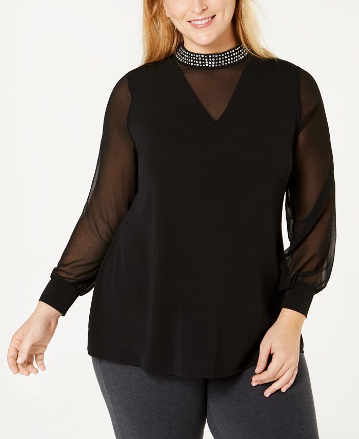 Belldini Black Label Plus Size Embellished Sheer Overlay Tunic - Macy's