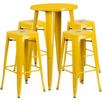 24'' Round Yellow Metal Indoor-Outdoor Bar Table Set With 4 Square Seat ...