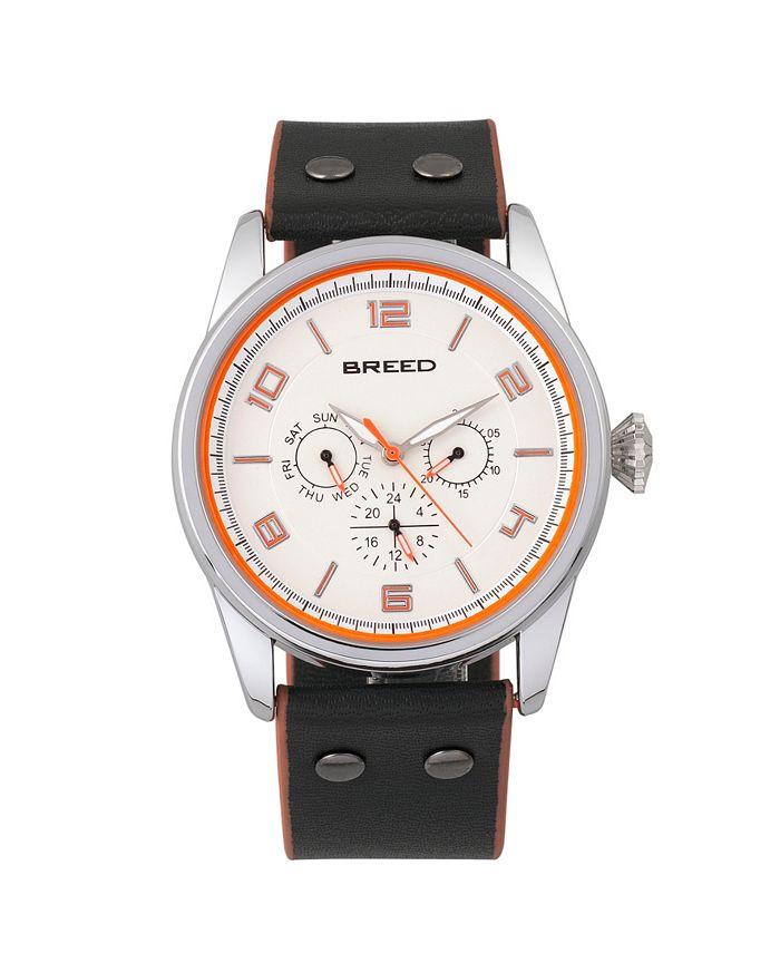 Breed Quartz Rio Silver And Black-Orange Genuine Leather Watches 43mm ...