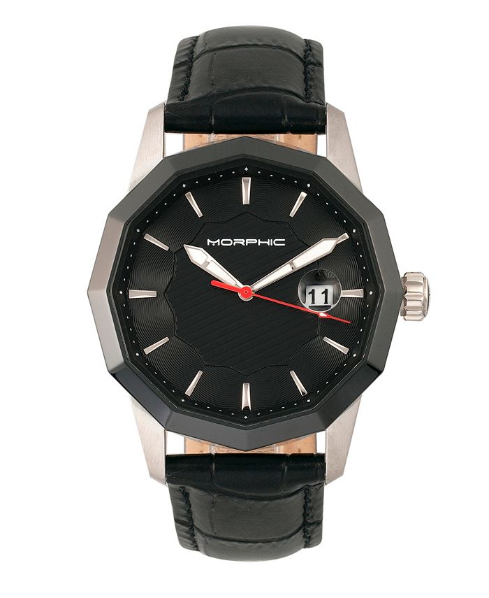 Morphic M56 Series, Silver Case, Black Leather Band Watch w/Date, 42mm ...