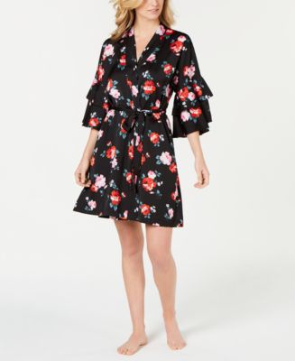 INC International Concepts INC Satin Printed Flounce-Sleeve Wrap Robe, Created for Macy's - Macy's