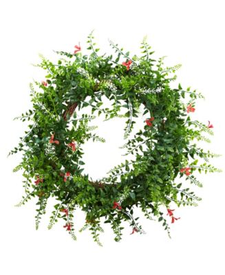 Nearly Natural 18" Floral and Fern Double Ring Wreath w/ Twig Base - Macy's