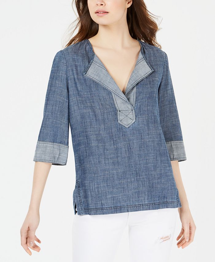 Trina Turk Denim Split-Neck Top - Macy's