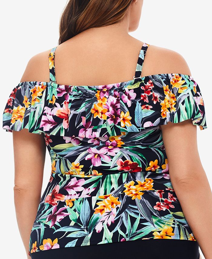 Swim Solutions Plus Size Printed Off-the-Shoulder Ruffle Tankini Top ...