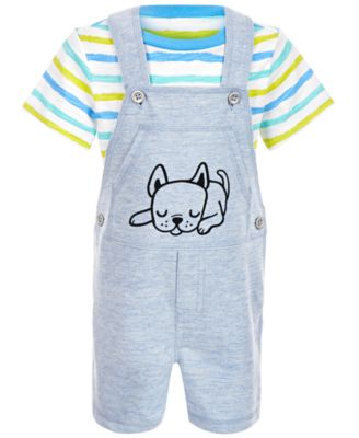 First Impressions Baby Boys 2-Pc. Striped T-Shirt & Puppy Shortall Set, Created for Macy's - Macy's
