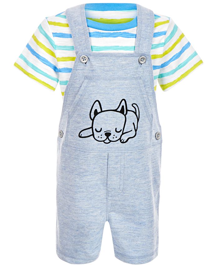 First Impressions Baby Boys 2-Pc. Striped T-Shirt & Puppy Shortall Set, Created for Macy's - Macy's