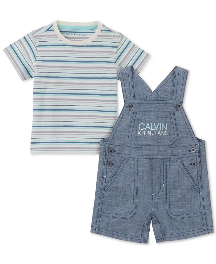 Calvin Klein Baby Boys 2-Pc. Striped T-Shirt & Chambray Shortall Set - Macy's