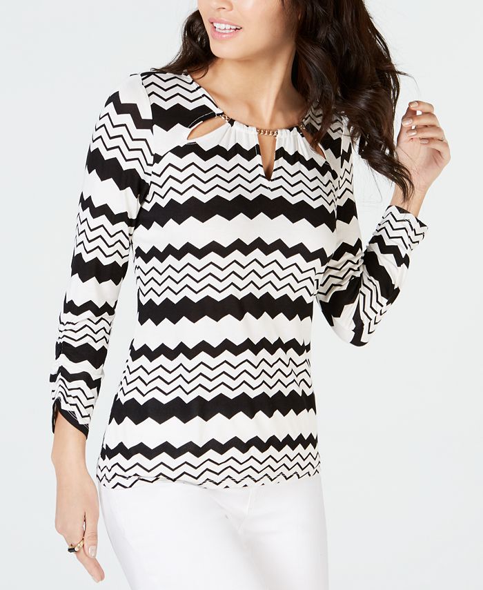 Thalia Sodi Embellished Neck Printed Top, Created for Macy's - Macy's