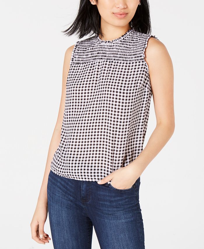 Maison Jules Smocked Ruffled Checkered Top, Created for Macy's - Macy's