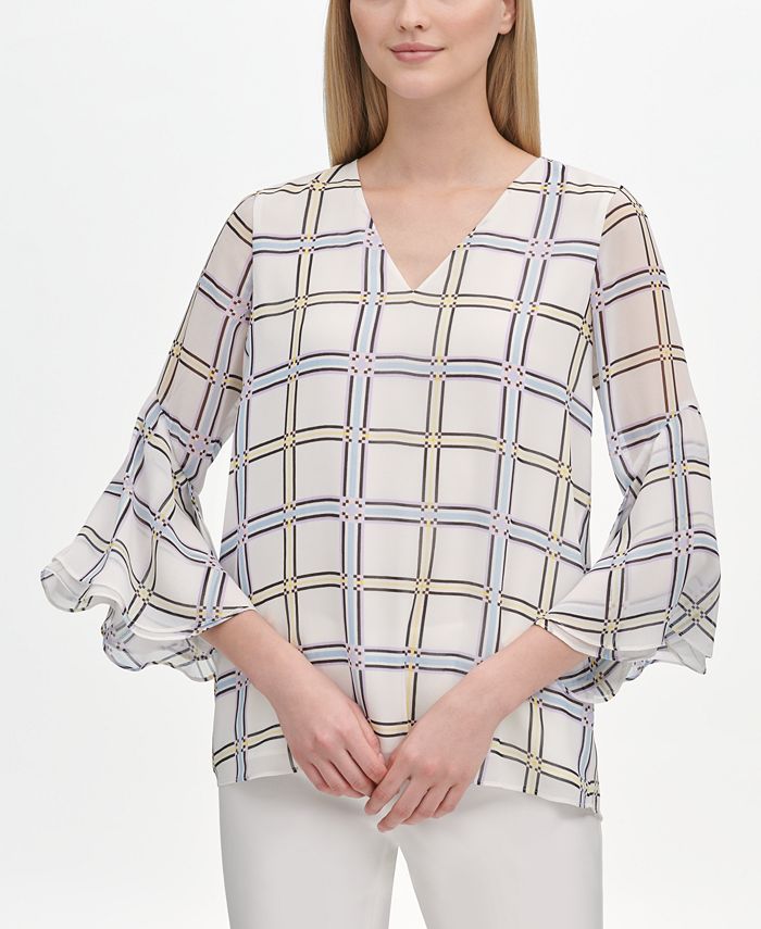 Calvin Klein Plaid Flare-Sleeve Top - Macy's