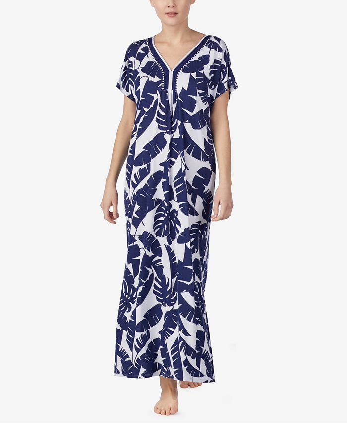 Ellen Tracy Printed Pom-Pom Trim Long Caftan - Macy's