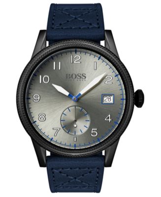 BOSS Men's Legacy Blue Leather Strap Watch 44mm - Macy's