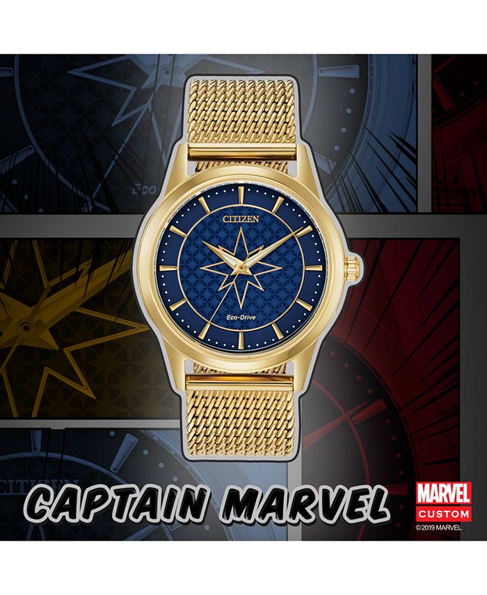 Citizen Eco-Drive Unisex Captain Marvel Gold-Tone Mesh Bracelet Watch ...