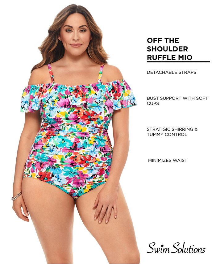 Swim Solutions Plus Size Floral Vista Printed Off The Shoulder Tummy