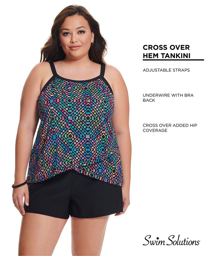 Swim Solutions Plus Size Printed Cross Over Hem Tankini Top Created