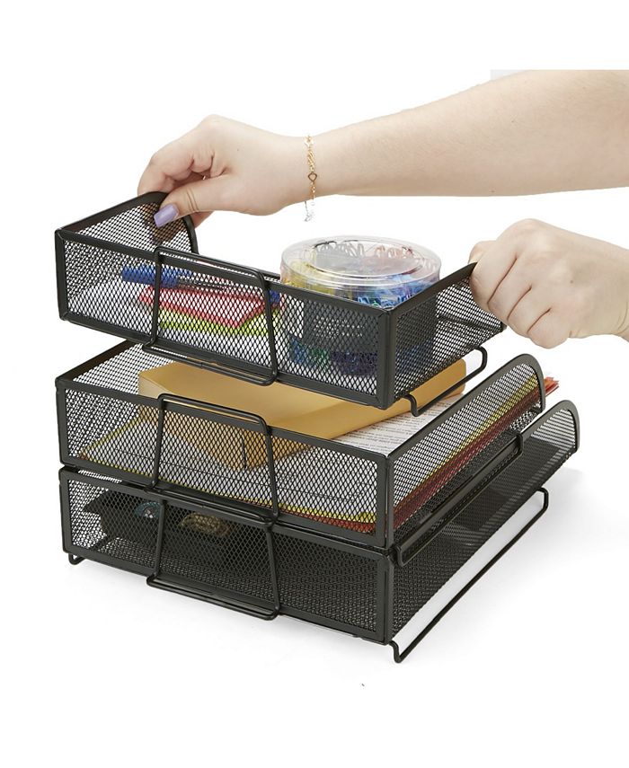 Mind Reader Metal Mesh 3 Tier Different Sized Paper Trays Desk ...