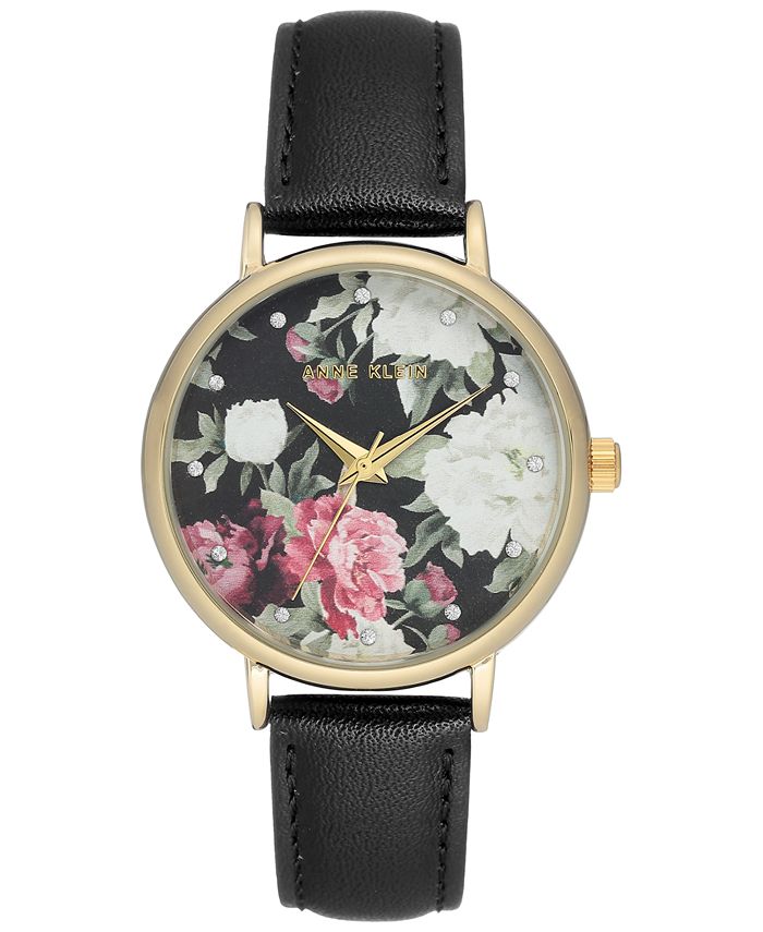 Anne Klein Women's Black Leather Strap Watch 36mm - Macy's