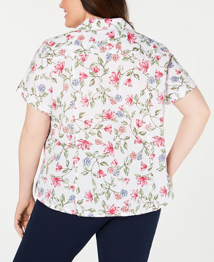 Karen Scott Plus Size Cotton Swiss-Dot Floral-Print Blouse, Created for ...
