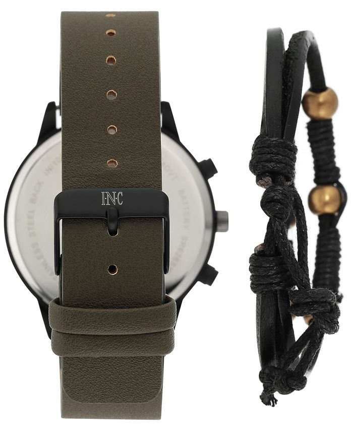 INC International Concepts I.N.C. Men's Olive Green Leather Strap Watch ...