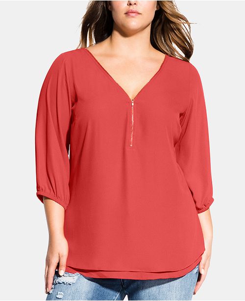 City Chic Trendy Plus Size V-Neck Zipper Front Top & Reviews - Women ...