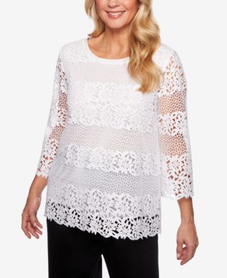 Alfred Dunner Cayman Islands 3/4-Sleeve Crocheted Lace Top - Macy's