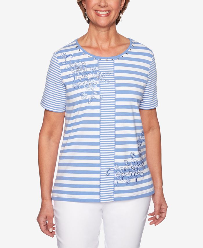 Alfred Dunner The Summer Wind Striped Embroidered Top - Macy's