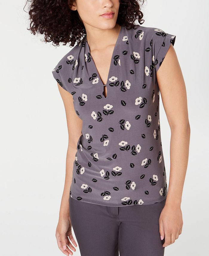Anne Klein Cap-Sleeve Printed V-Neck Top - Macy's