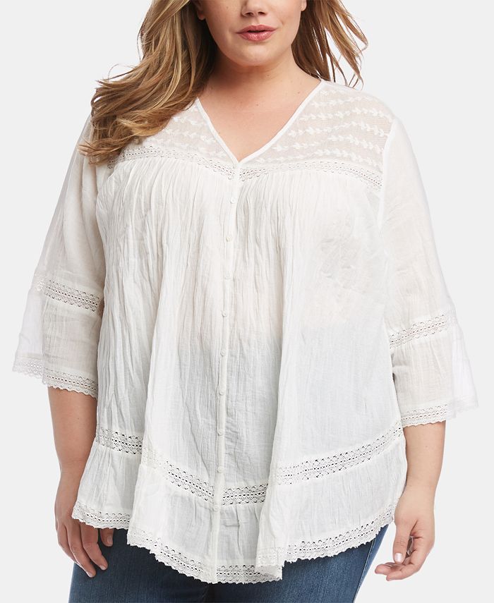 Karen Kane Plus Size Cotton Lace-Inset Top - Macy's