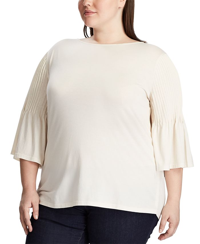 Lauren Ralph Lauren Plus Size Pintuck-Sleeve Knit Cotton Top - Macy's