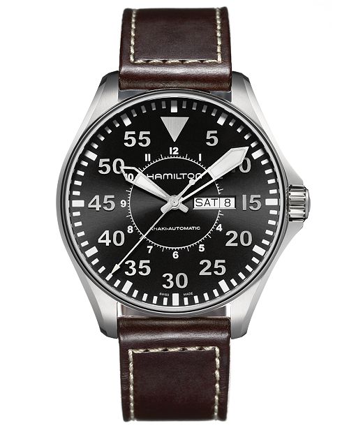 Hamilton Watch, Men's Swiss Automatic Khaki Pilot Brown Leather Strap ...