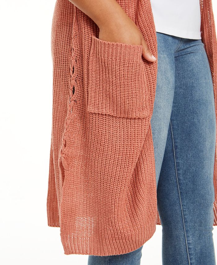 Planet Gold Trendy Plus Size Lace-Up Duster Sweater - Macy's