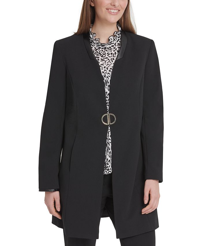 DKNY Petite Open-Front Topper Jacket With Faux-Leather Trim - Macy's