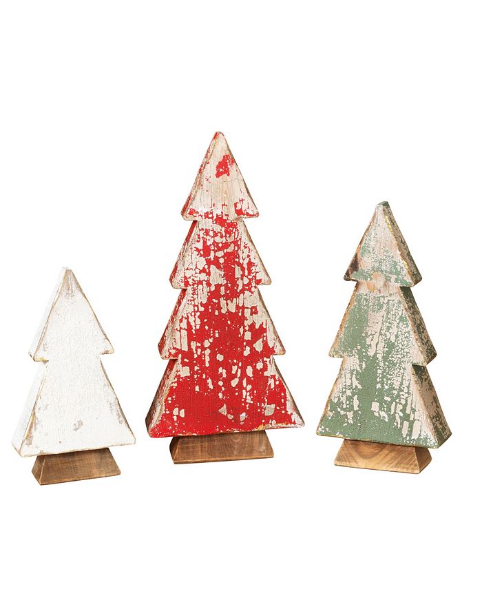Sterling Assorted Set of 3 Wood Tabletop Tree Figures in Red, Green ...