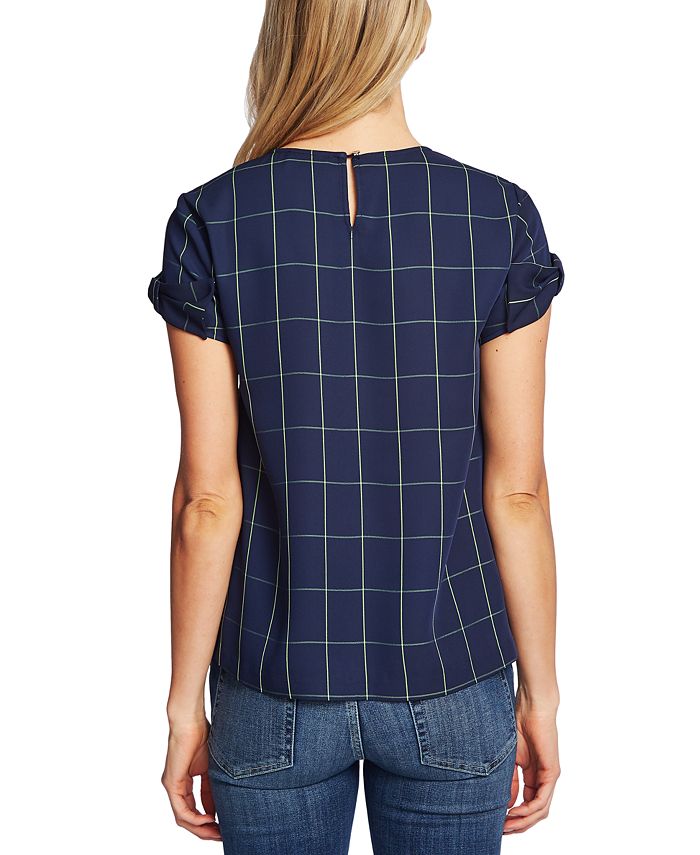 CeCe Windowpane-Print Bow-Cuff Top - Macy's