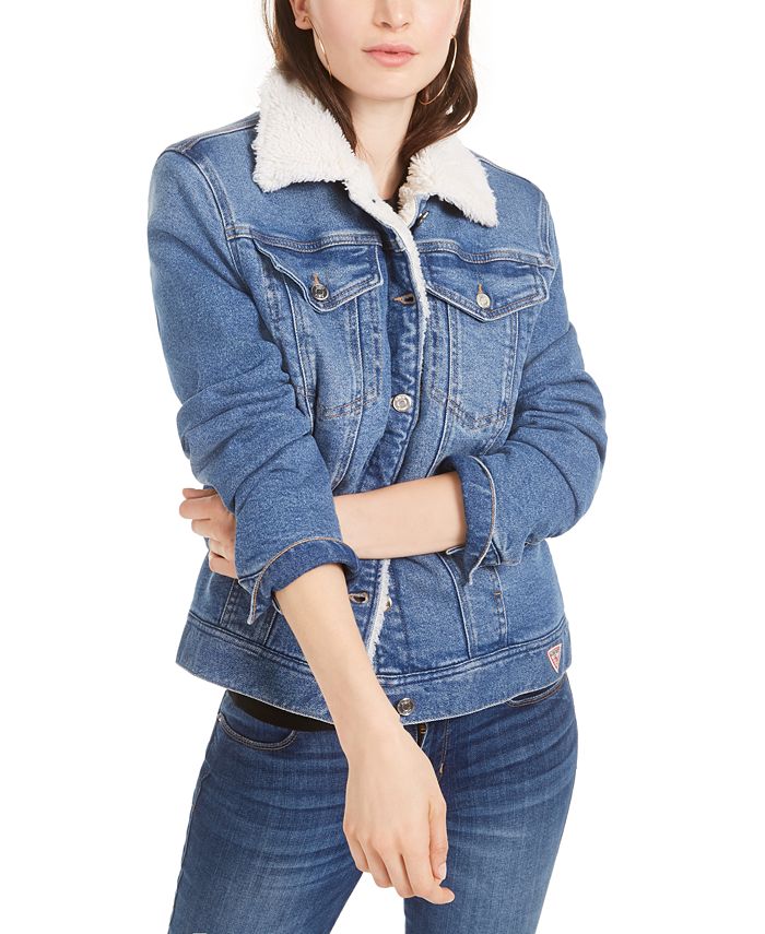 GUESS Fleece-Trim Denim Trucker Jacket - Macy's