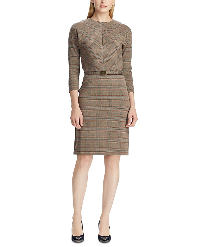 Lauren Ralph Lauren Plaid-Print Belted Ponte Dress - Macy's