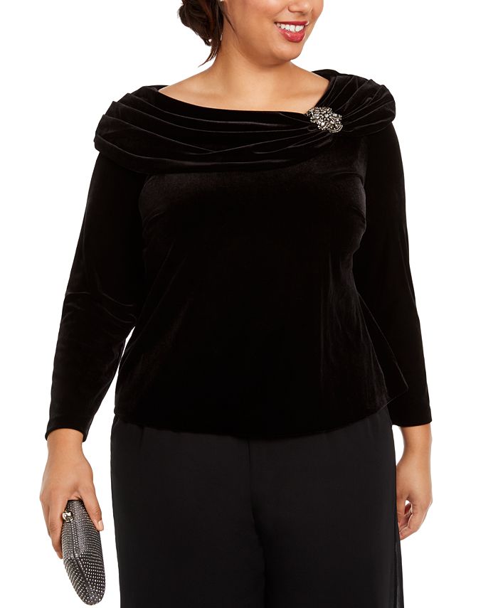 Alex Evenings Plus Size Ruched-Collar Velvet Blouse - Macy's