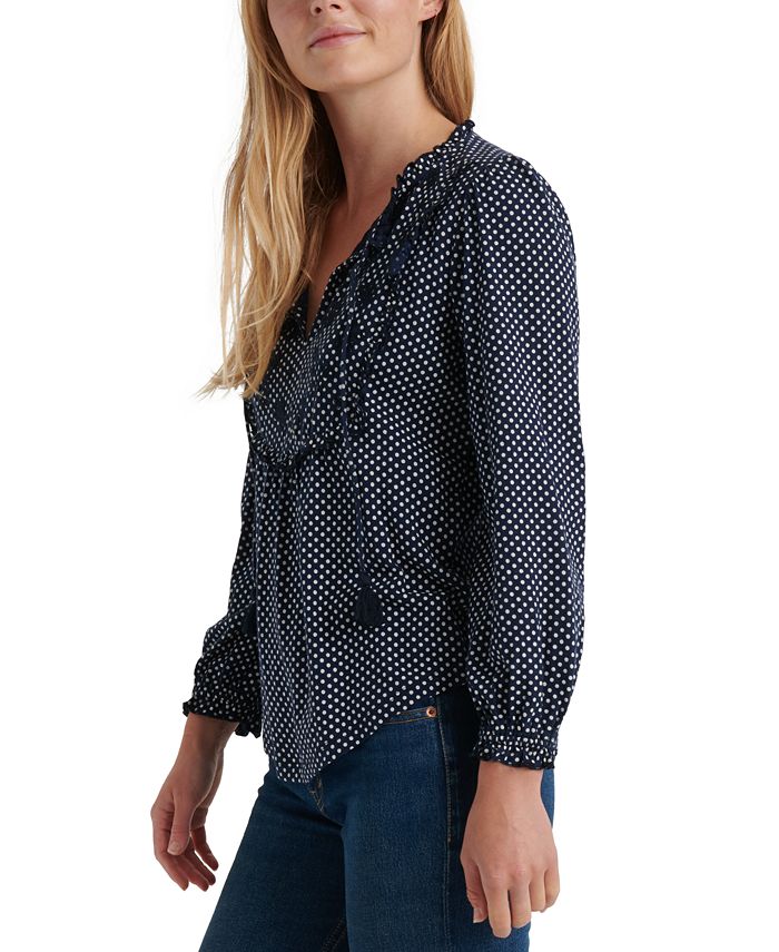 Lucky Brand Cotton Dot-Print Embroidered-Bib Top - Macy's