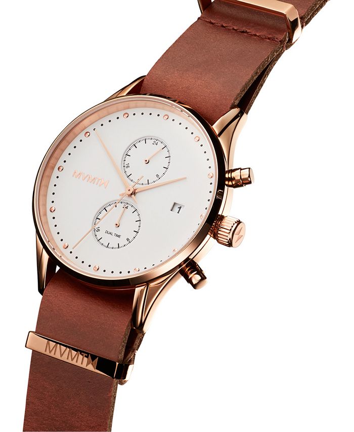 MVMT Men's Voyager Rosewood Leather Strap Watch 42mm - Macy's