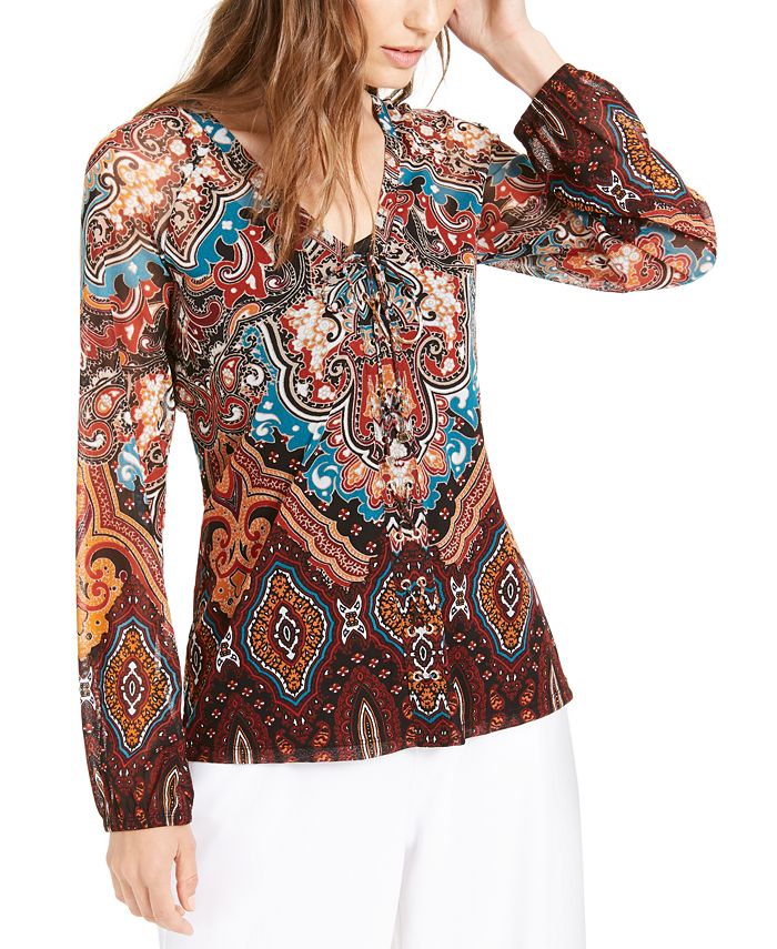 INC International Concepts I.N.C. Printed Lace-Up Top, Created for Macy ...