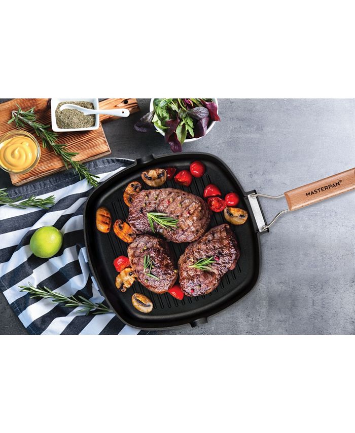 MasterPan Non-Stick Cast Aluminum Grill Pan with Folding Wooden Handle, 11" - Macy's