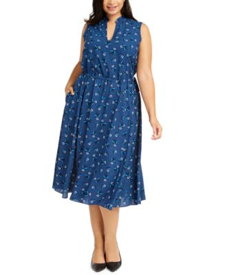 Anne Klein Plus Size Botanical Print Tie-Waist Midi Dress - Macy's