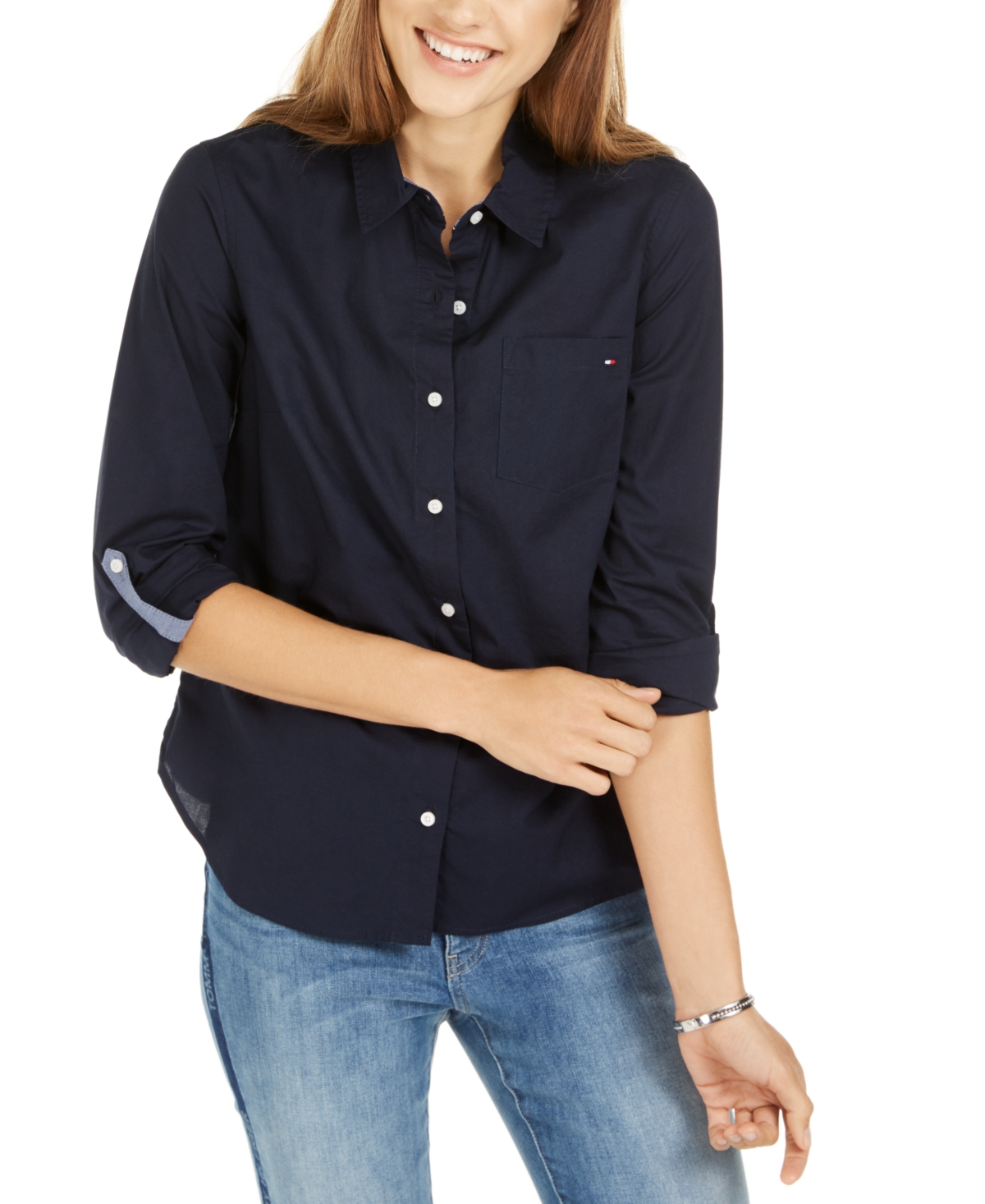 Tommy Hilfiger Womens Cotton Roll-Tab Button-Up Shirt - Sky Captain