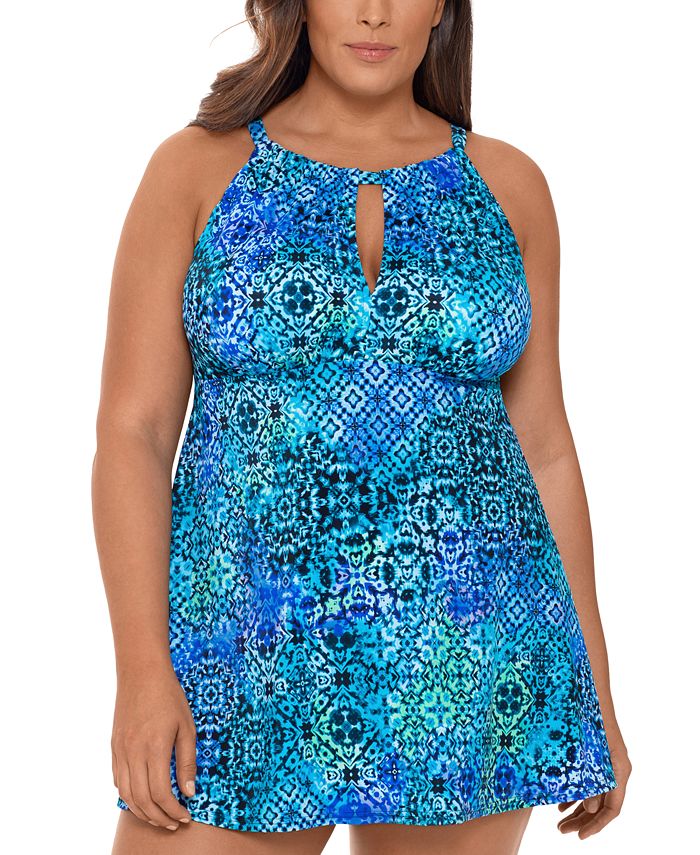 Swim Solutions Plus Size Santorini Printed Keyhole Tummy Control