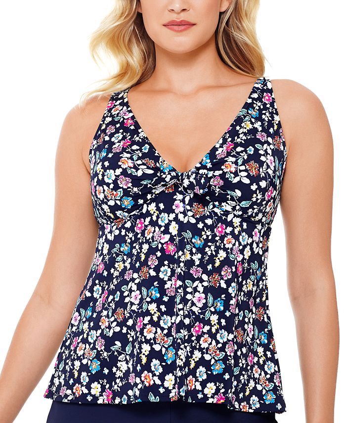 Swim Solutions Vintage Daisy Printed V-Neck Bow Tankini Top, Created ...