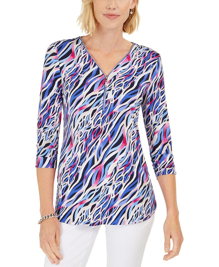 JM Collection Printed Zip-Front Top, Created for Macy's - Macy's